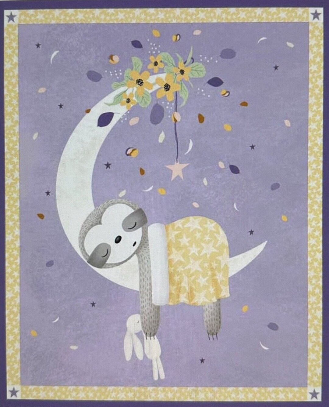 Sleepy Sloth Panel by Debbie Monson | Moon | Floral | Stars | Purple ...