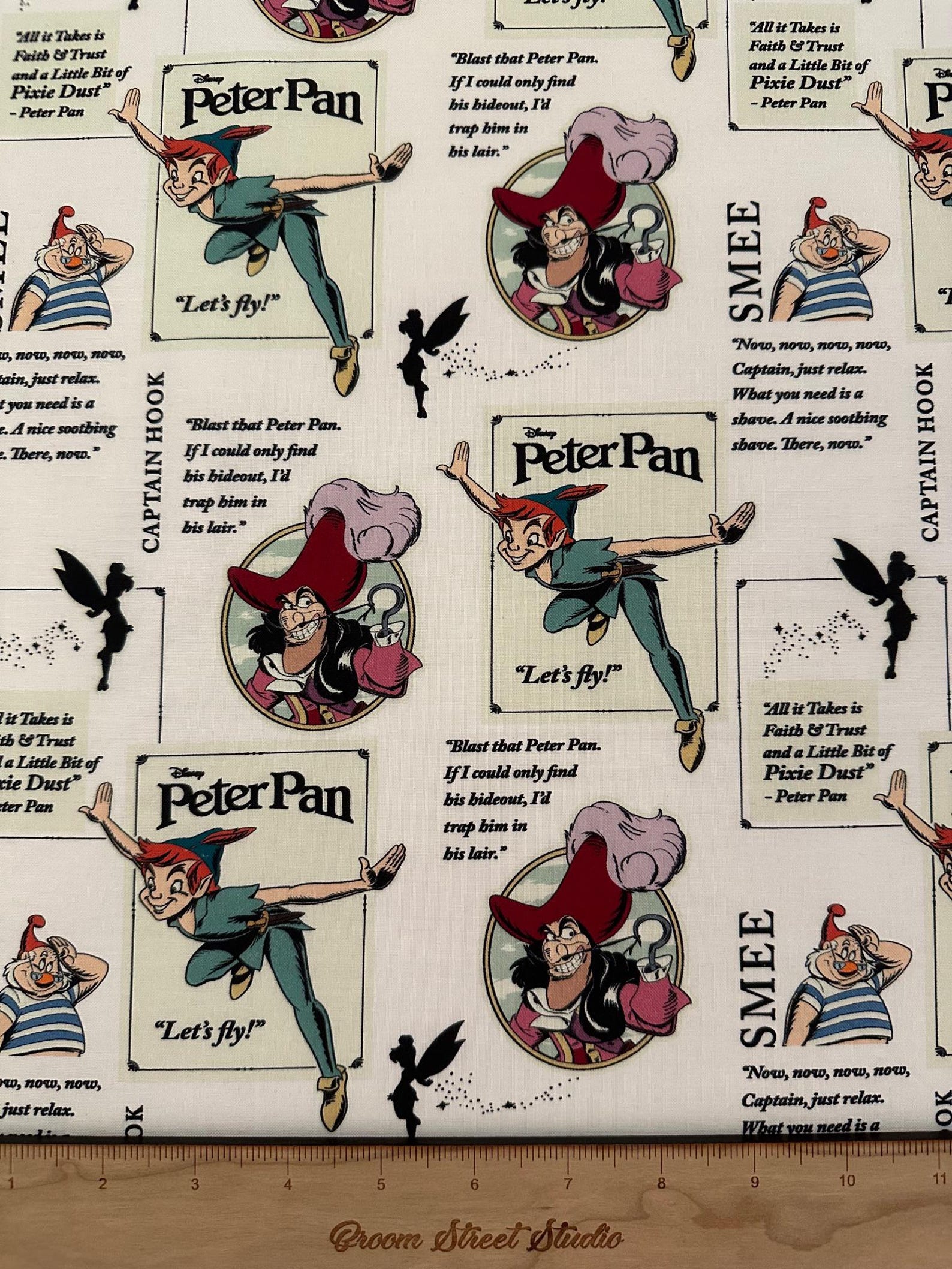 1/2 Yard Peter Pan Badges | Disney | CP78654 | Tinker Bell | Captain ...