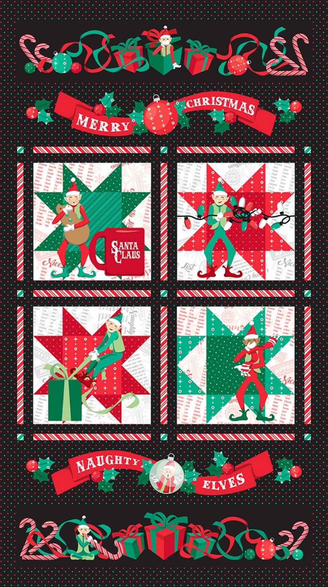Naughty Elves Elf Panel | #R590344D | 100% Cotton Quilting Fabric by ...