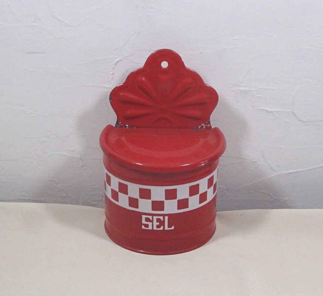 Vintage French Enamel Salt Box, Red and White Checkered Pattern ...