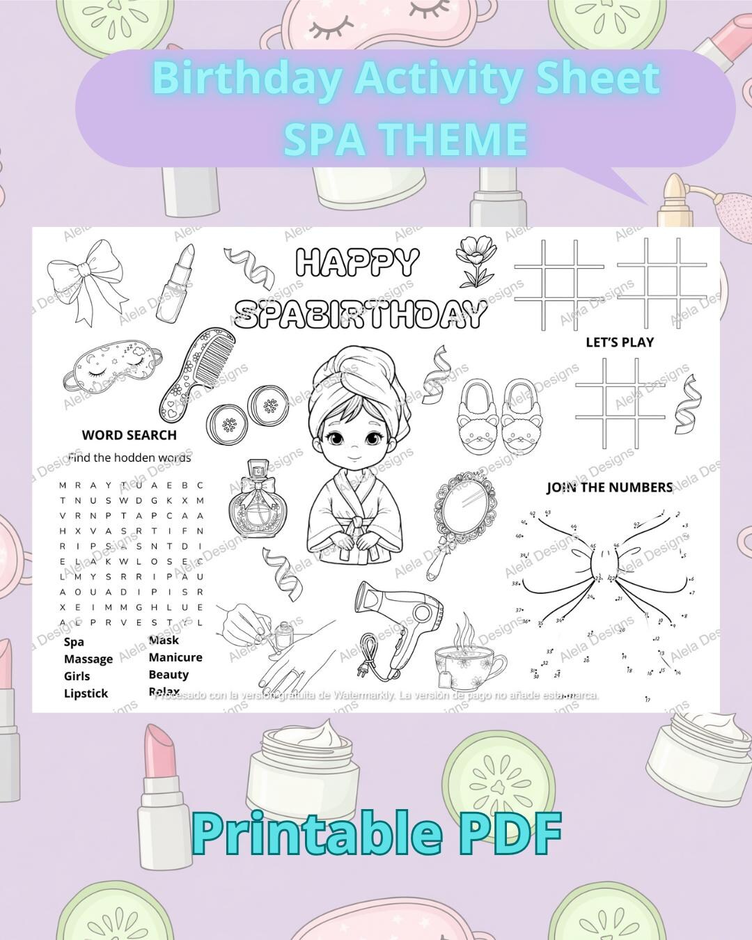 Spa Party Activity Sheet: Kids Birthday Coloring Placemat (PDF ...