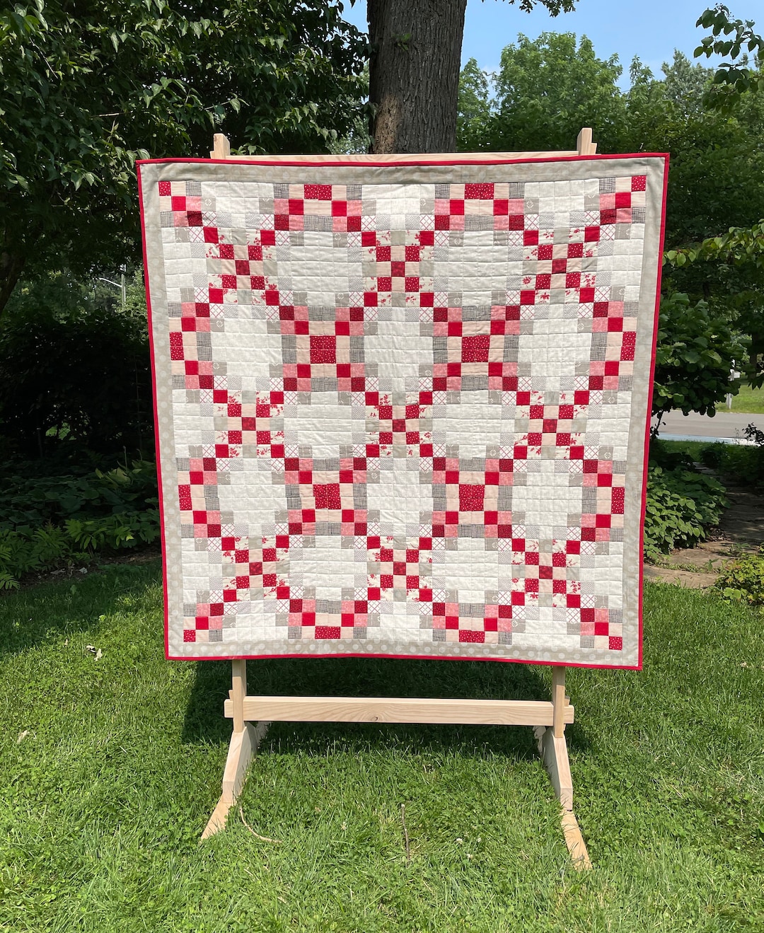 Triple Irish Chain Quilt in Red and Gray - Etsy
