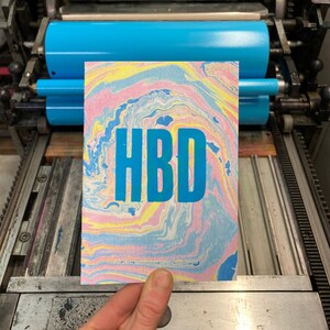 HBD, Handmade Letterpress Greeting Card, Paper Marbling, Happy Birthday ...