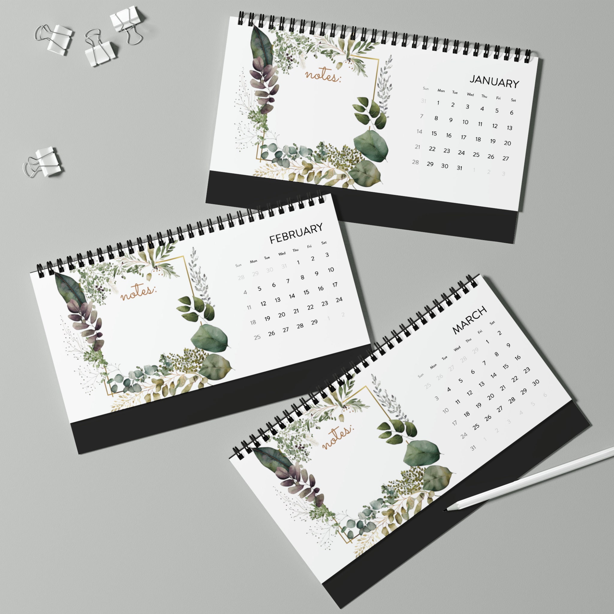Desktop Calendar (2024 Grid) Greenery Leaves Boho Neutral - Etsy