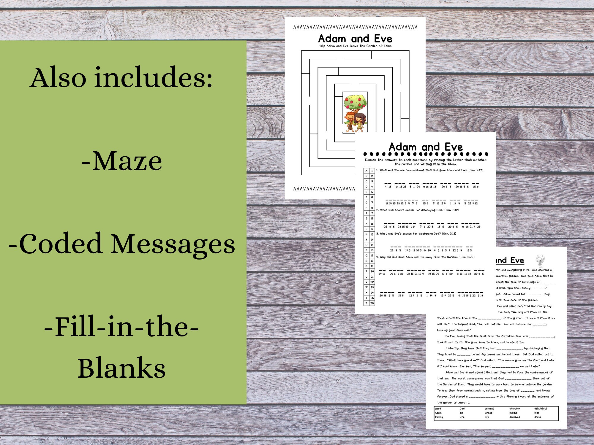 Elementary Bible Story Activity Pack Worksheets - Adam and Eve - Etsy UK