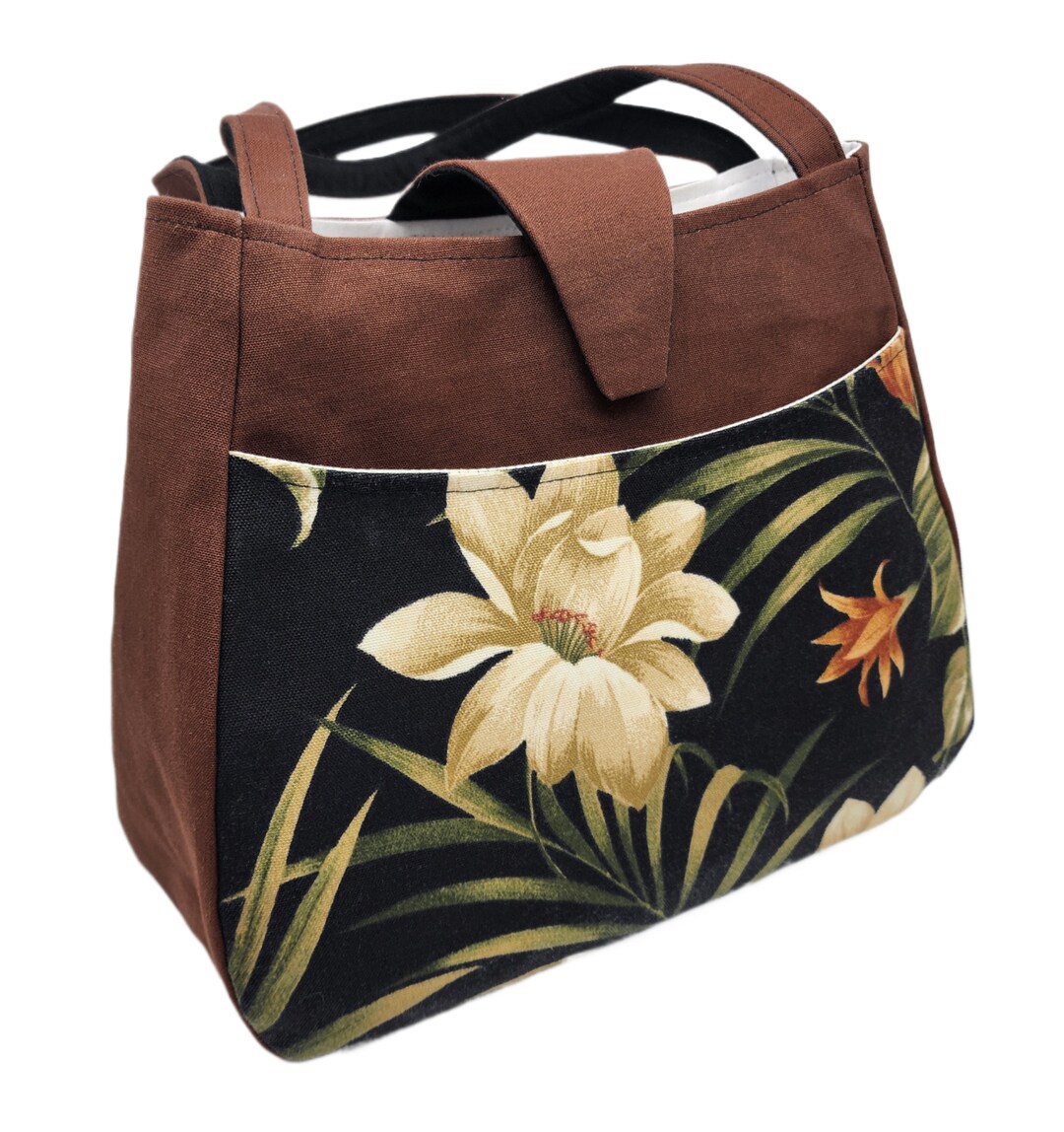 Canvas and Cotton Open Top Tote With Flap Closure, Tropical Flower ...