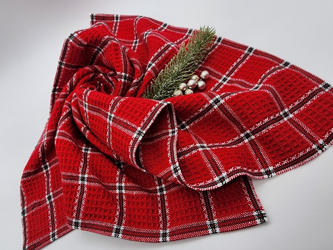Holiday Waffle Weave and Plaid: 100% Cotton Handwoven Hand Towel. Soft ...