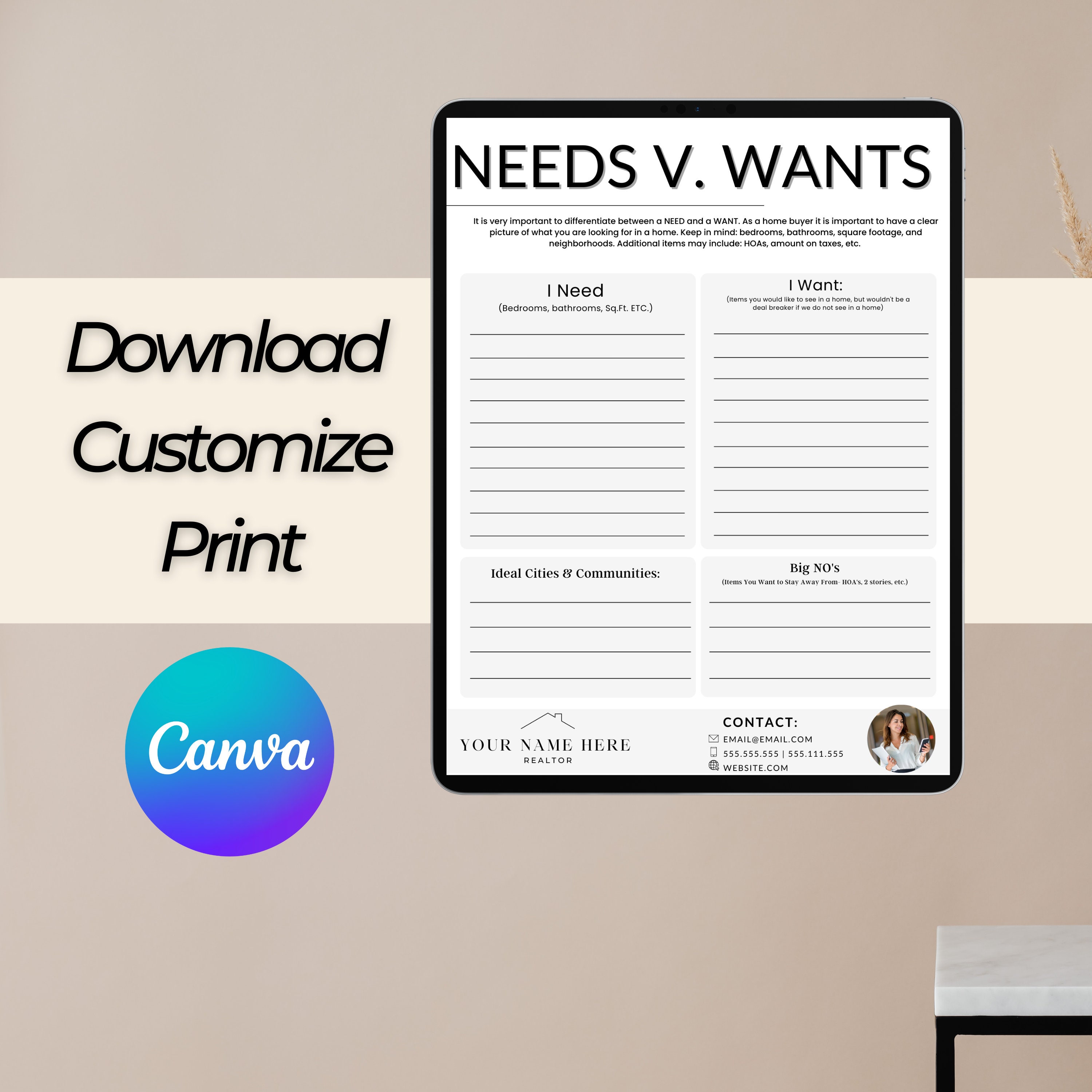Home Buyer Needs Vs Wants Form: Real Estate Marketing (canva Template ...