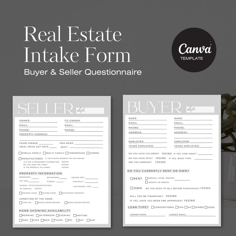 Real Estate Client Intake Form| Buyer and Seller Questionnaire Home ...