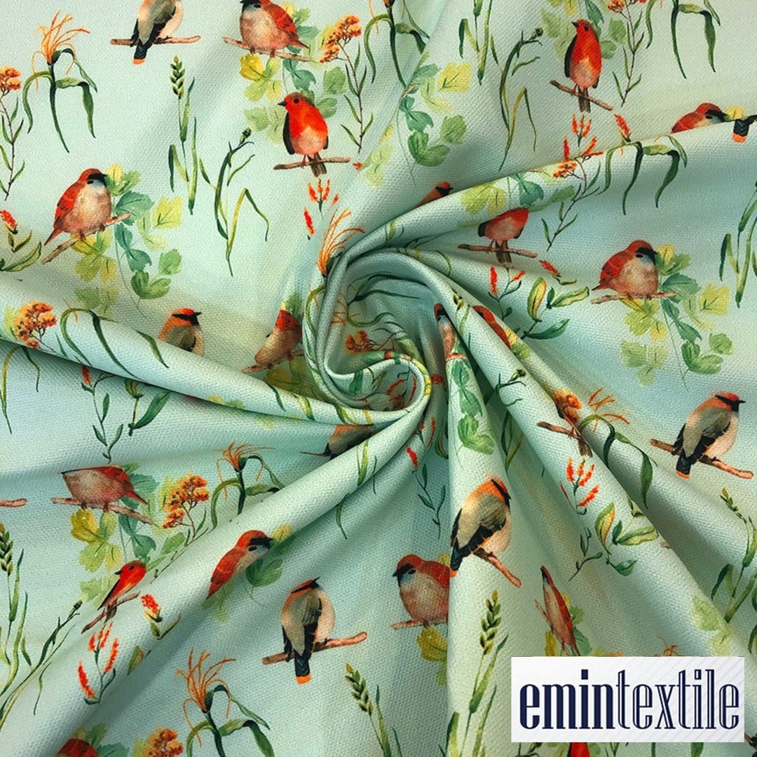 Robin Bird Patterned Upholstery Fabric, European Bird Garden Design ...