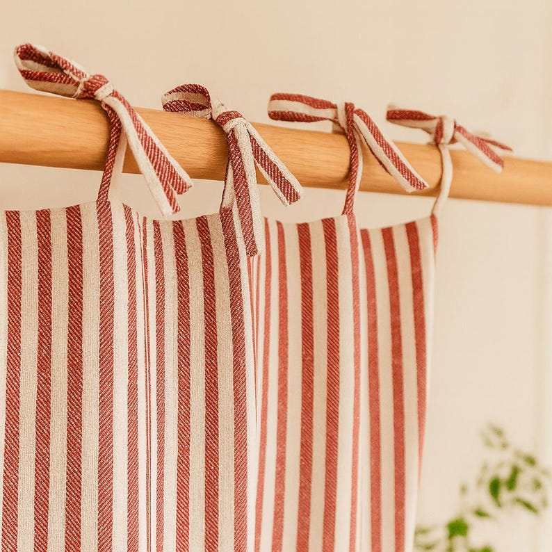 Red Striped Linen Curtains – Rustic Farmhouse Christmas Drapes, Tie Top ...