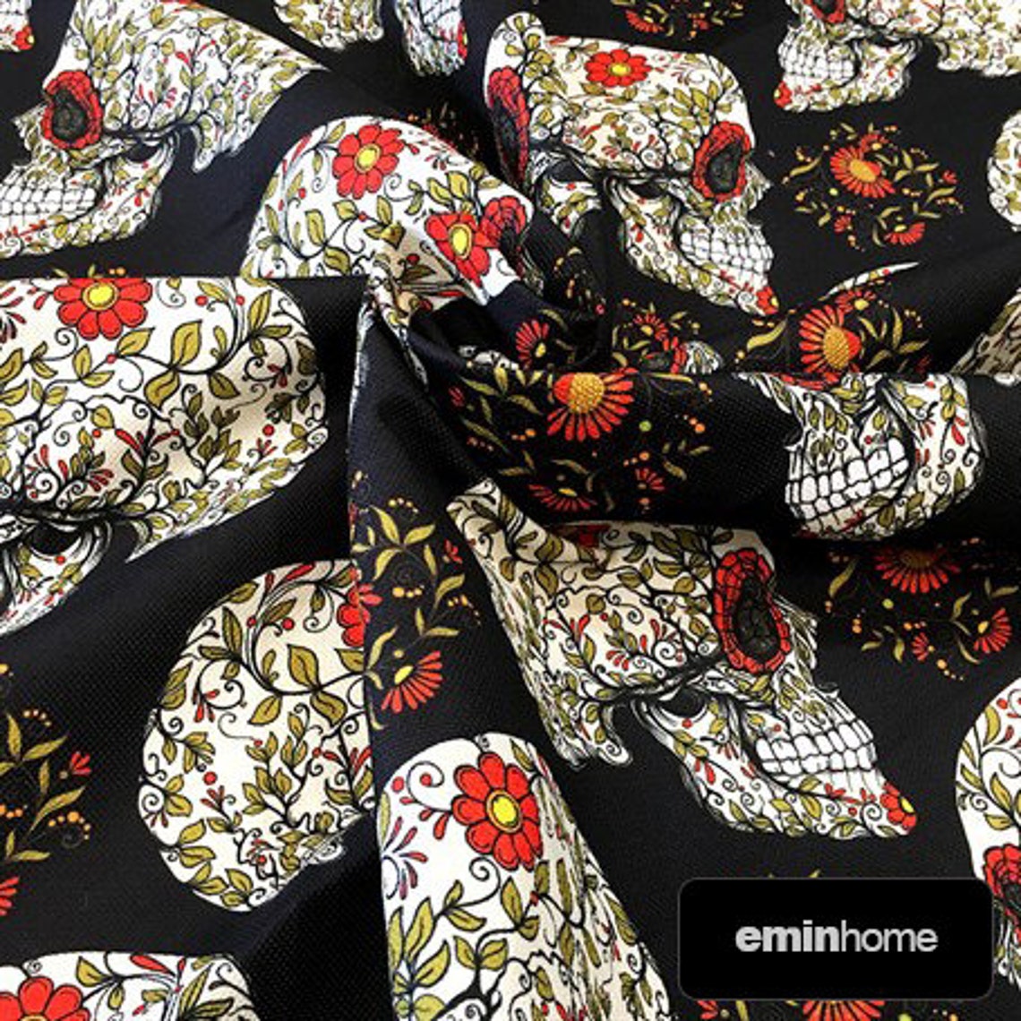 Skull Floral Fabric by the Yard, Black and White Skull Fabric, Fabric ...