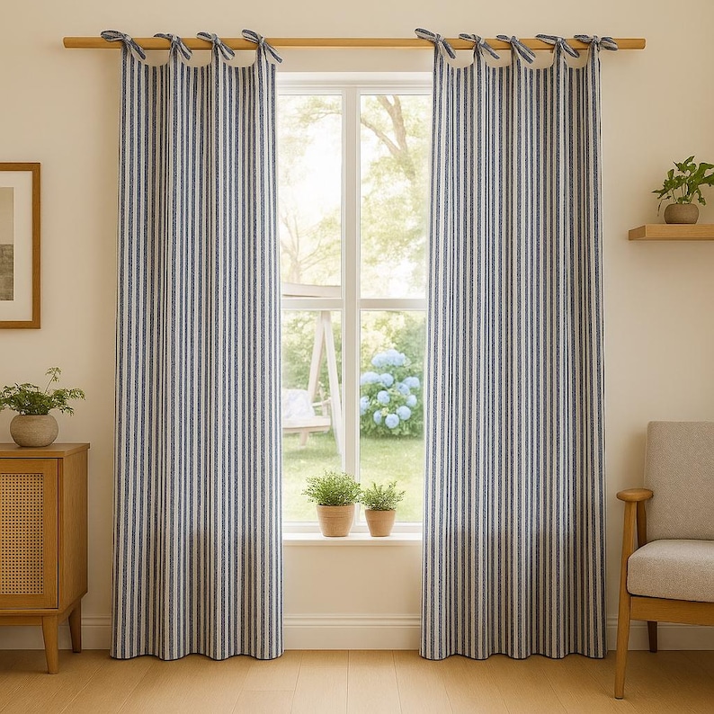Red Striped Linen Curtains – Rustic Farmhouse Christmas Drapes, Tie Top ...
