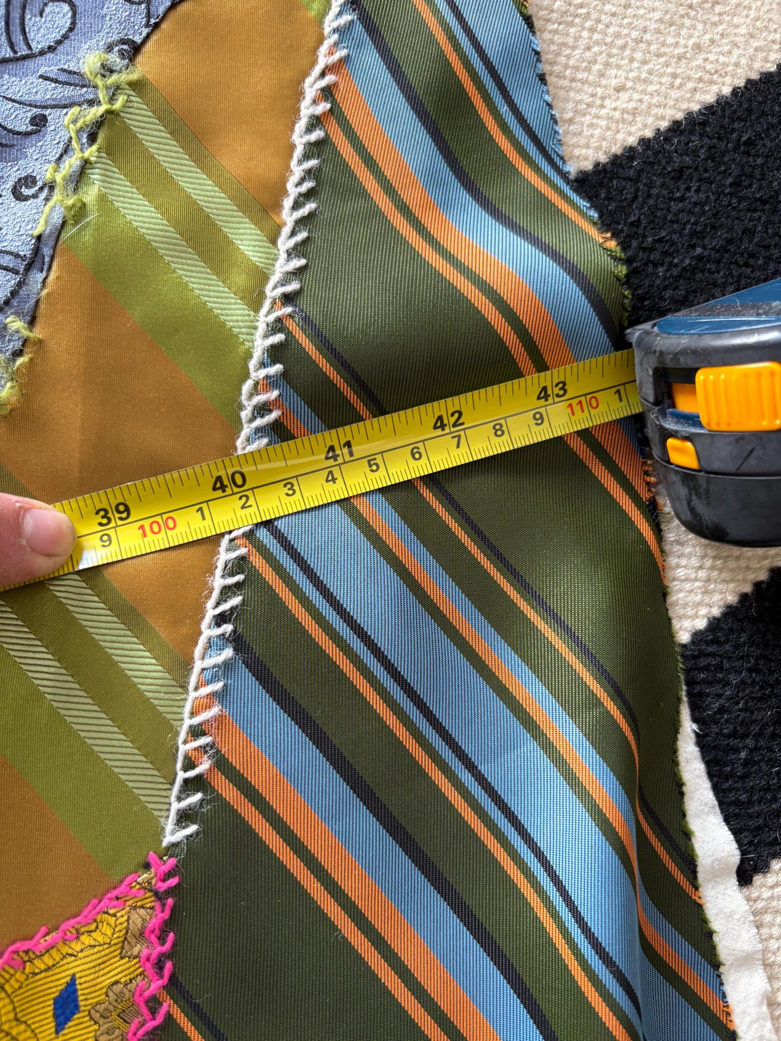 Vintage Patchwork Necktie Fabric With Handstitching Multicolor Trim ...