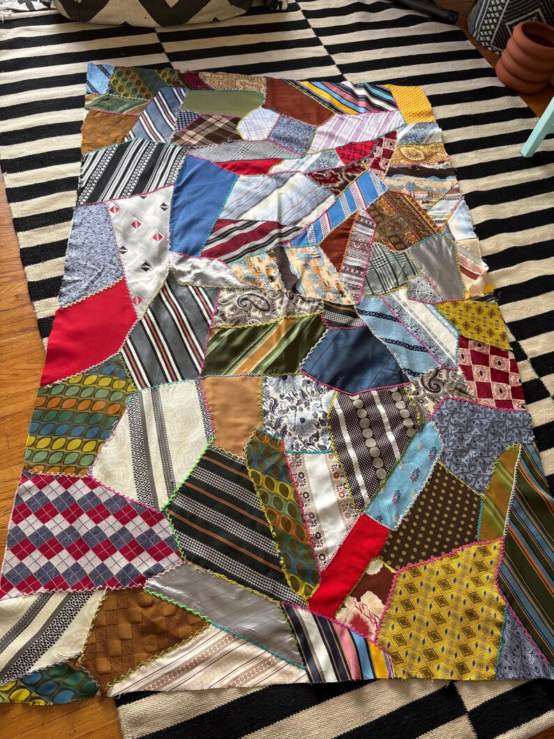 Vintage Patchwork Necktie Fabric With Handstitching Multicolor Trim ...
