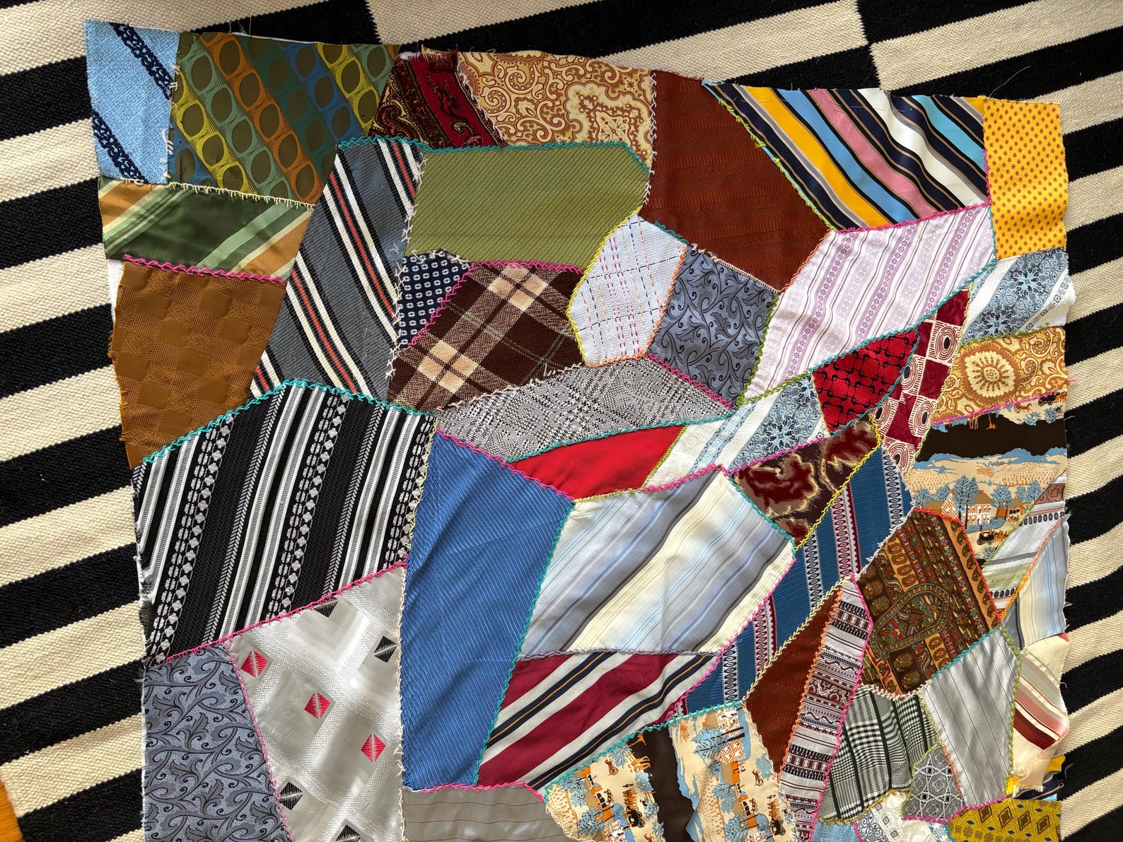 Vintage Patchwork Necktie Fabric With Handstitching Multicolor Trim ...