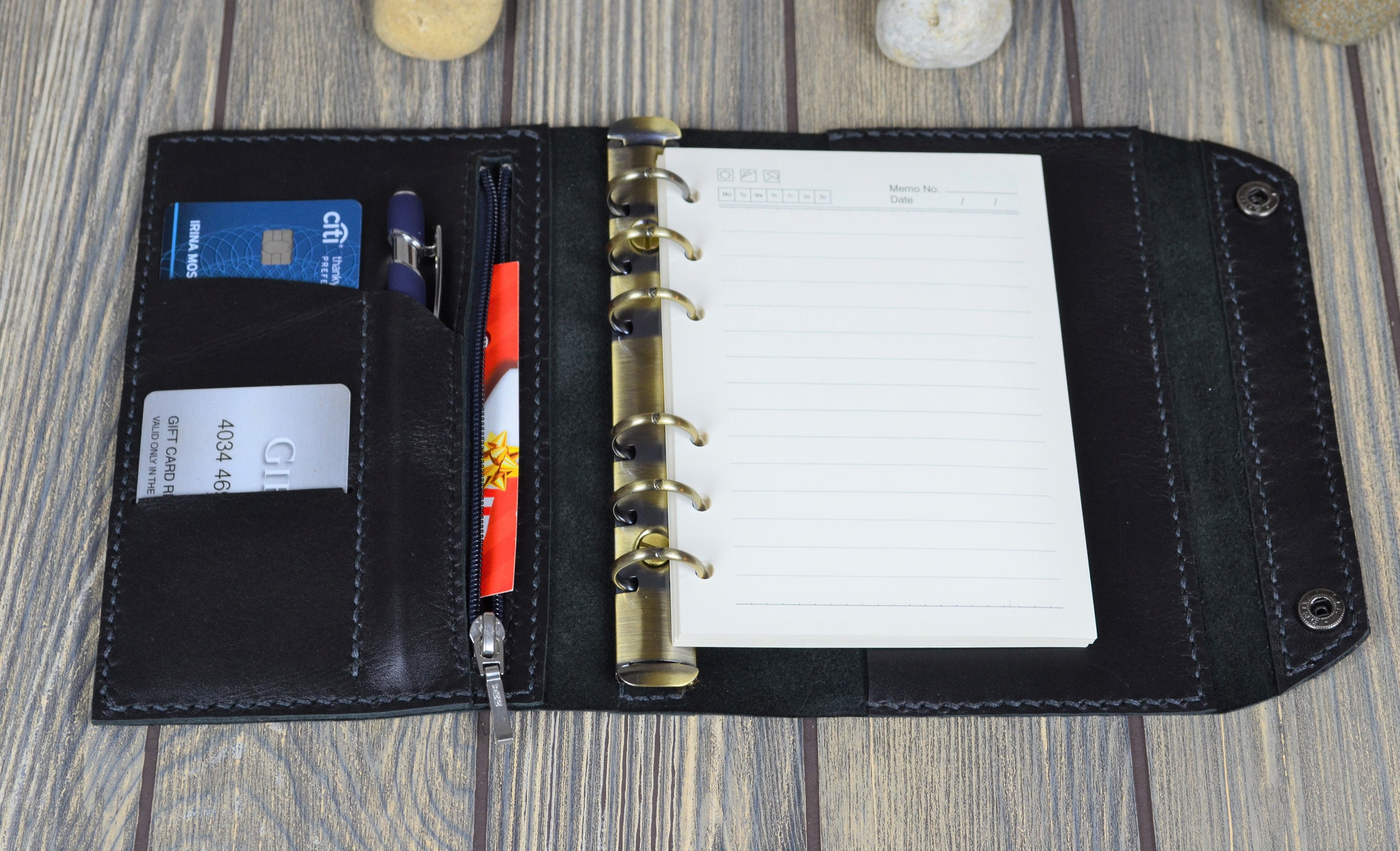 Leather Black 6 Ring Binder, Travel Planner With Zipper Pocket ...