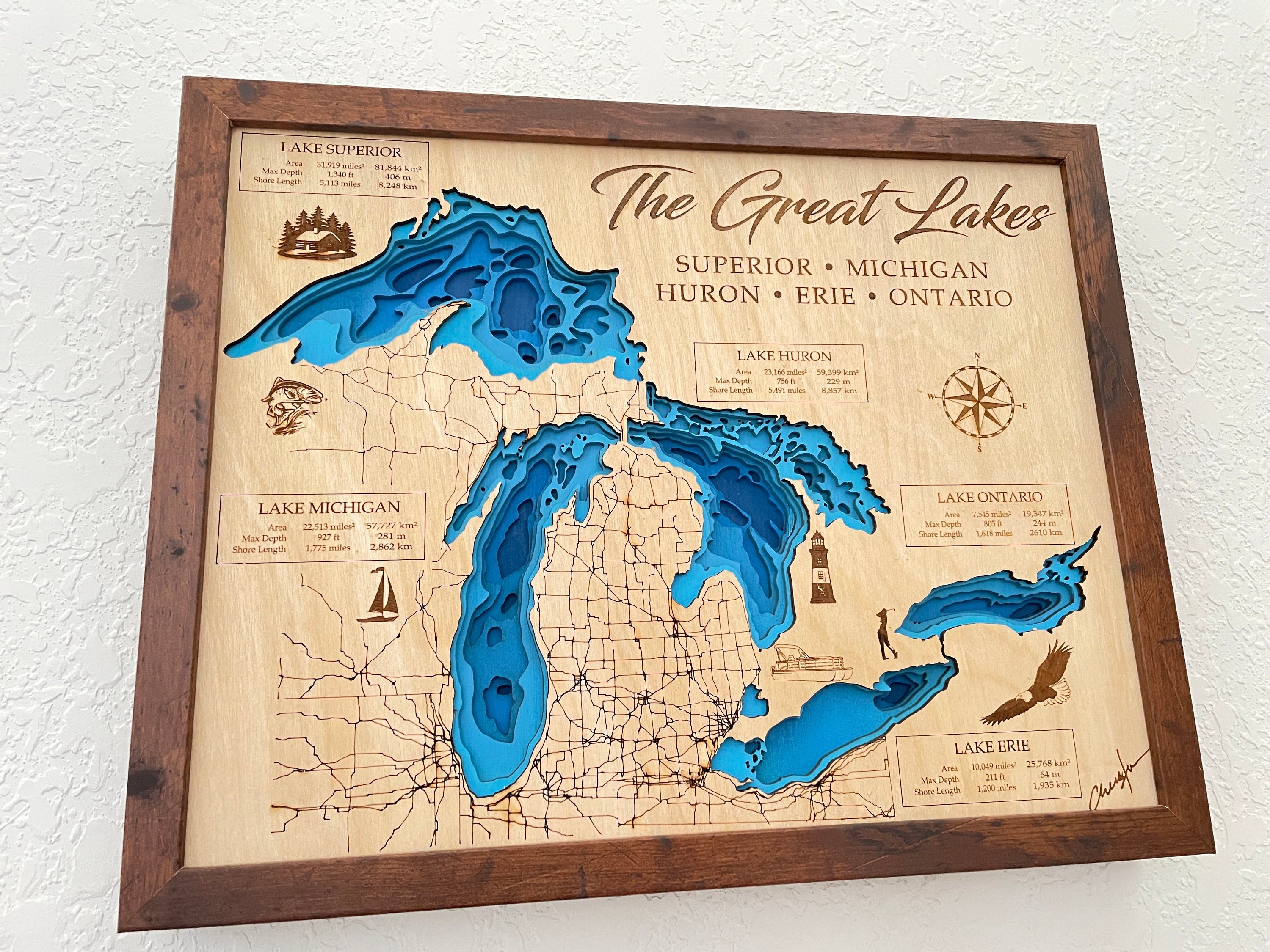 The Great Lakes Map 6 Layer Laser Lake Art Map Lake House Decor, Custom ...