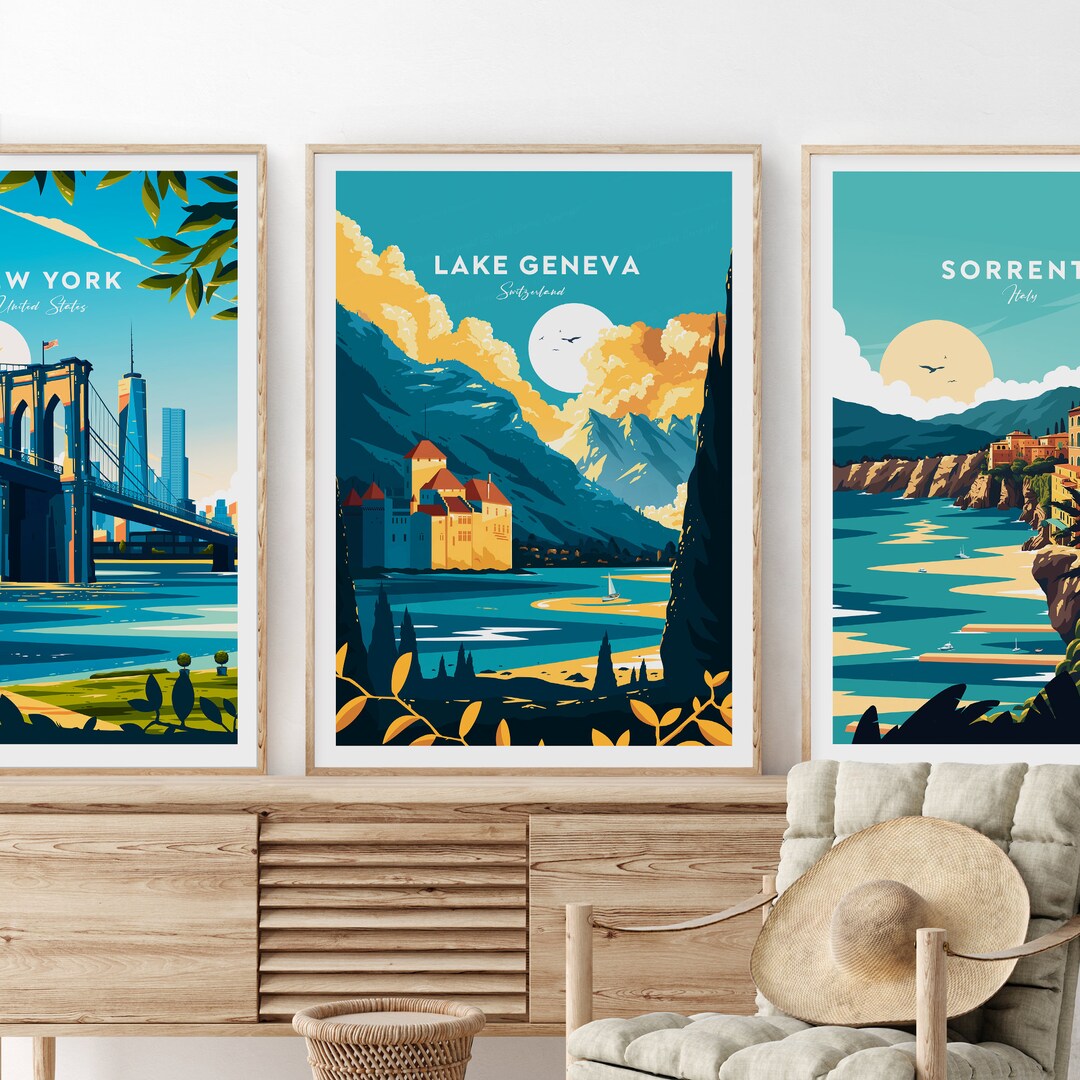 Lake Geneva Traditional Travel Print - Switzerland, Lake Geneva Poster ...