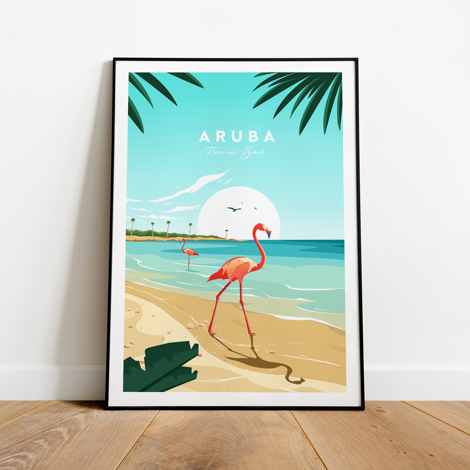 Aruba Traditional Travel Print - Flamingo Beach, Custom Text ...