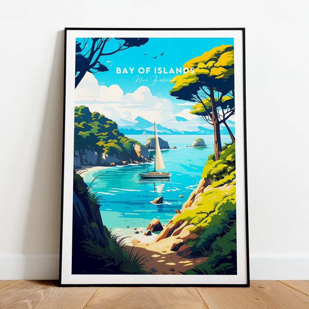 Bay of Islands Traditional Travel Print - New Zealand, Bay of Islands ...