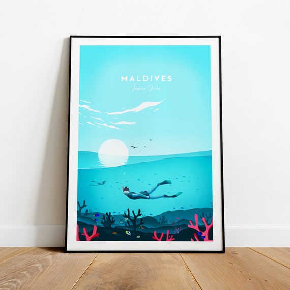 The Maldives traditional travel print Indian Ocean | Etsy