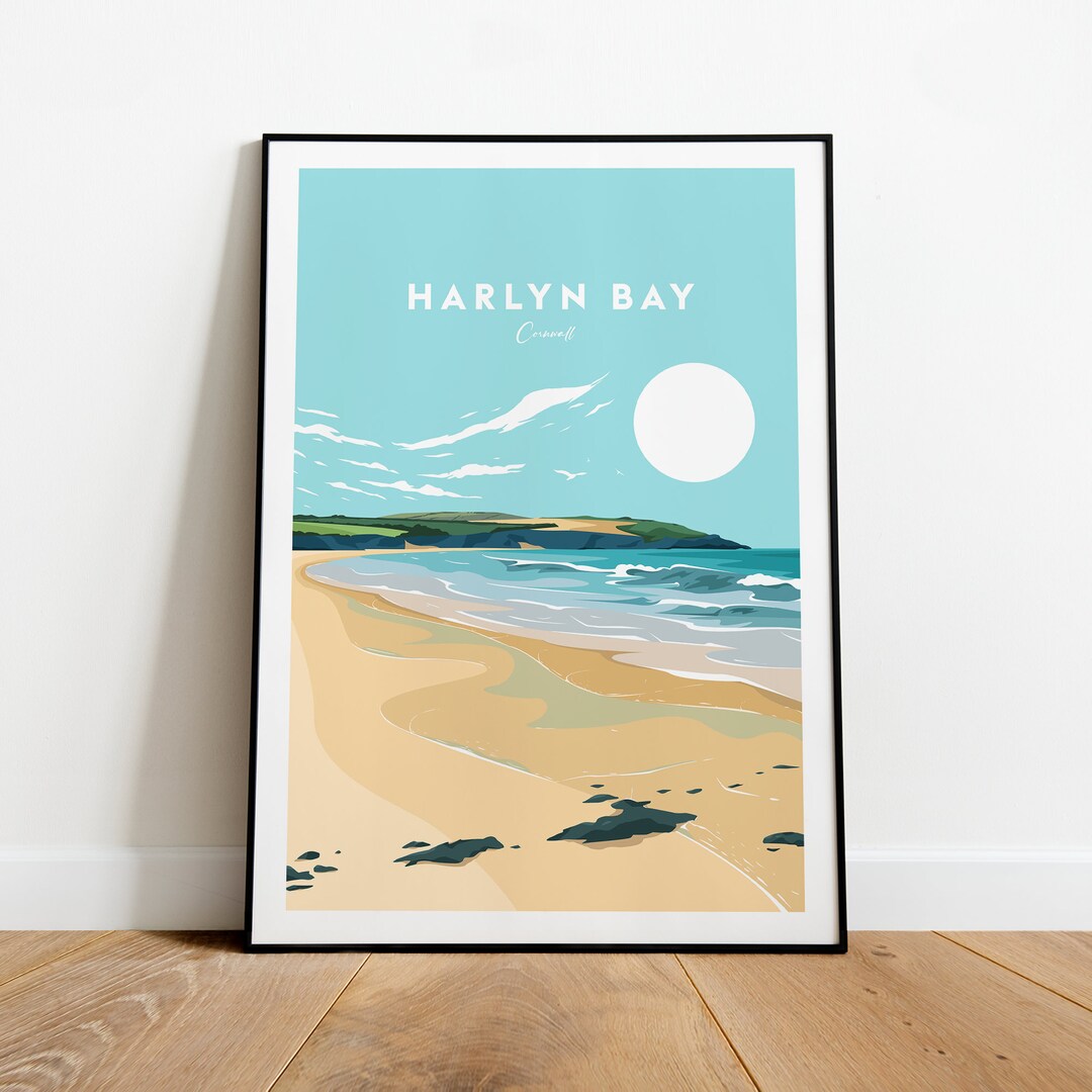 Harlyn Bay Traditional Travel Print - Cornwall, Custom Text ...
