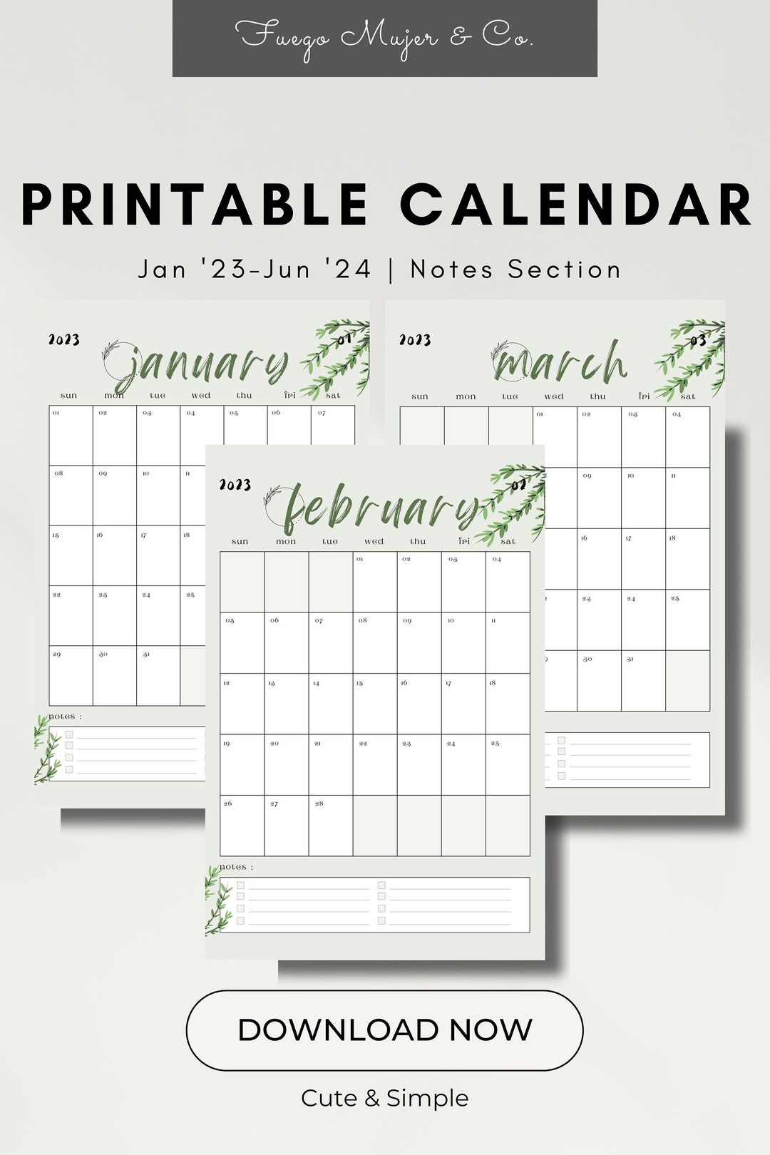 Printable 2023-2024 Calendar-english PDF 18 Month Simple - Etsy