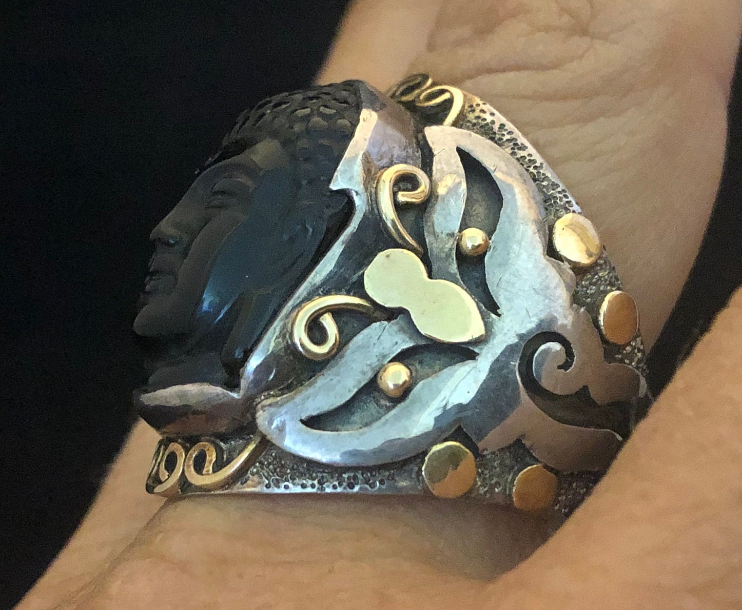 Black Obsidian Buddha Head Ring , Silver and 18k Gold Band, Hand-carved ...