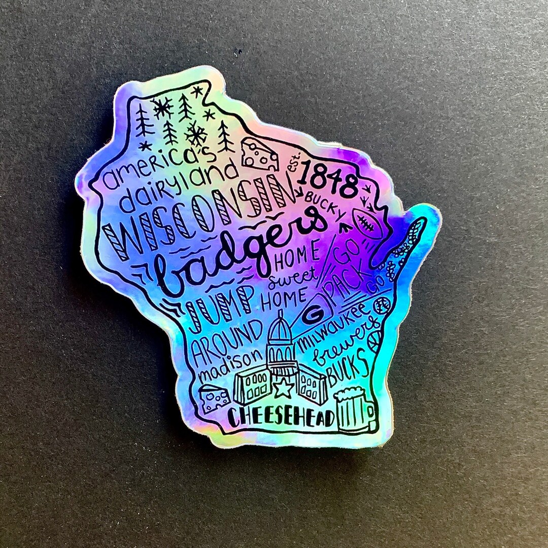 Holographic Wisconsin Typography Sticker (WATERPROOF) • Laptop, Water ...