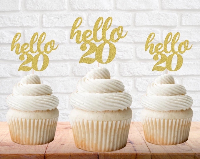 Hello 20 Cupcake Toppers, Happy Birthday Cupcake Toppers, 20th Birthday ...