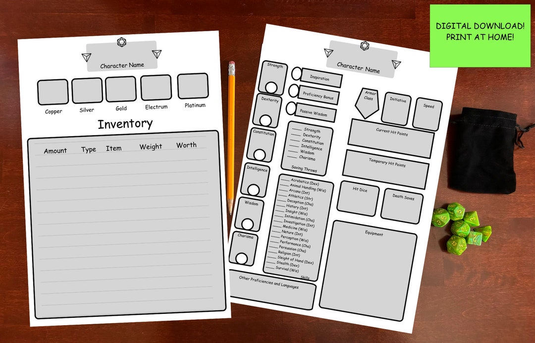 DND Character Sheet PDF Printable File Digital Download Dyslexia ...