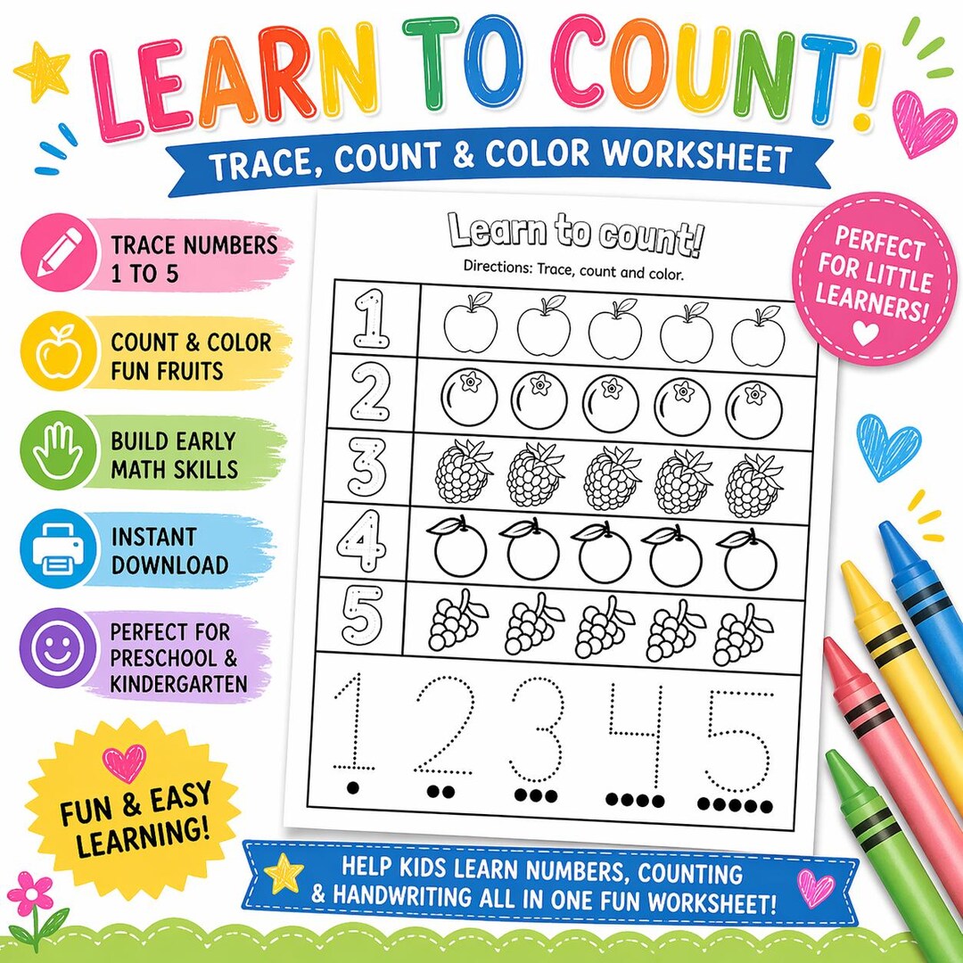 Numbers Counting Worksheets: Trace, Count, Color Fruit (6 Pages) - Etsy