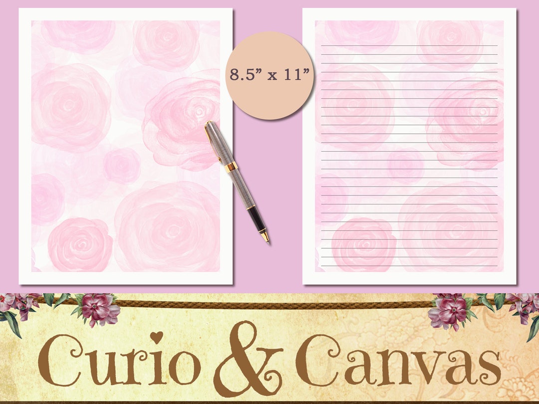 Printable Watercolor Roses Floral Stationery 8.5x11 Digital Pink Rose ...