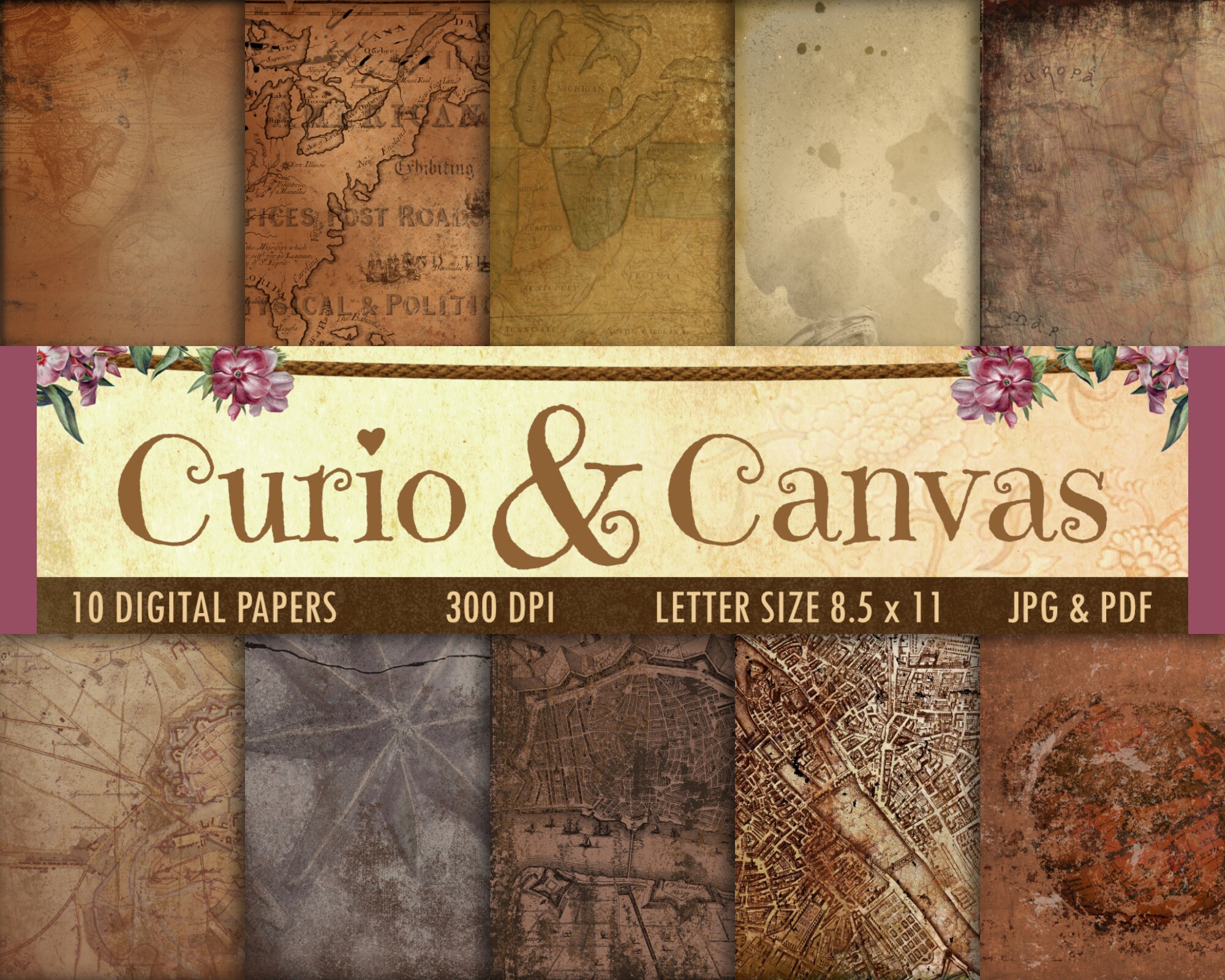 Antique Decorative Map Digital Paper Pack, Printable World Maps 8.5x11 ...