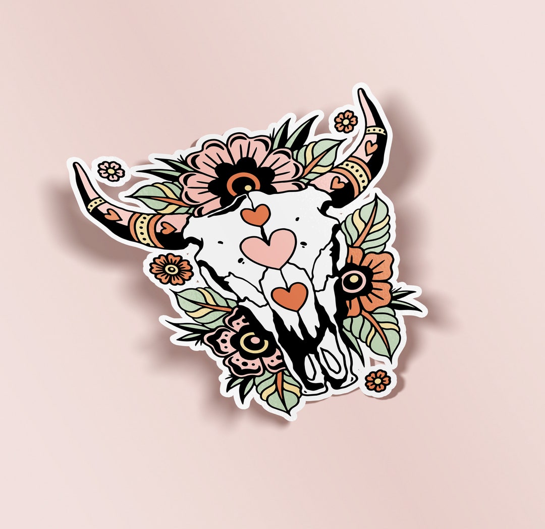 Skull and Flowers Bumper Sticker Cowboy Cowgirl Floral Car Window Vinyl ...