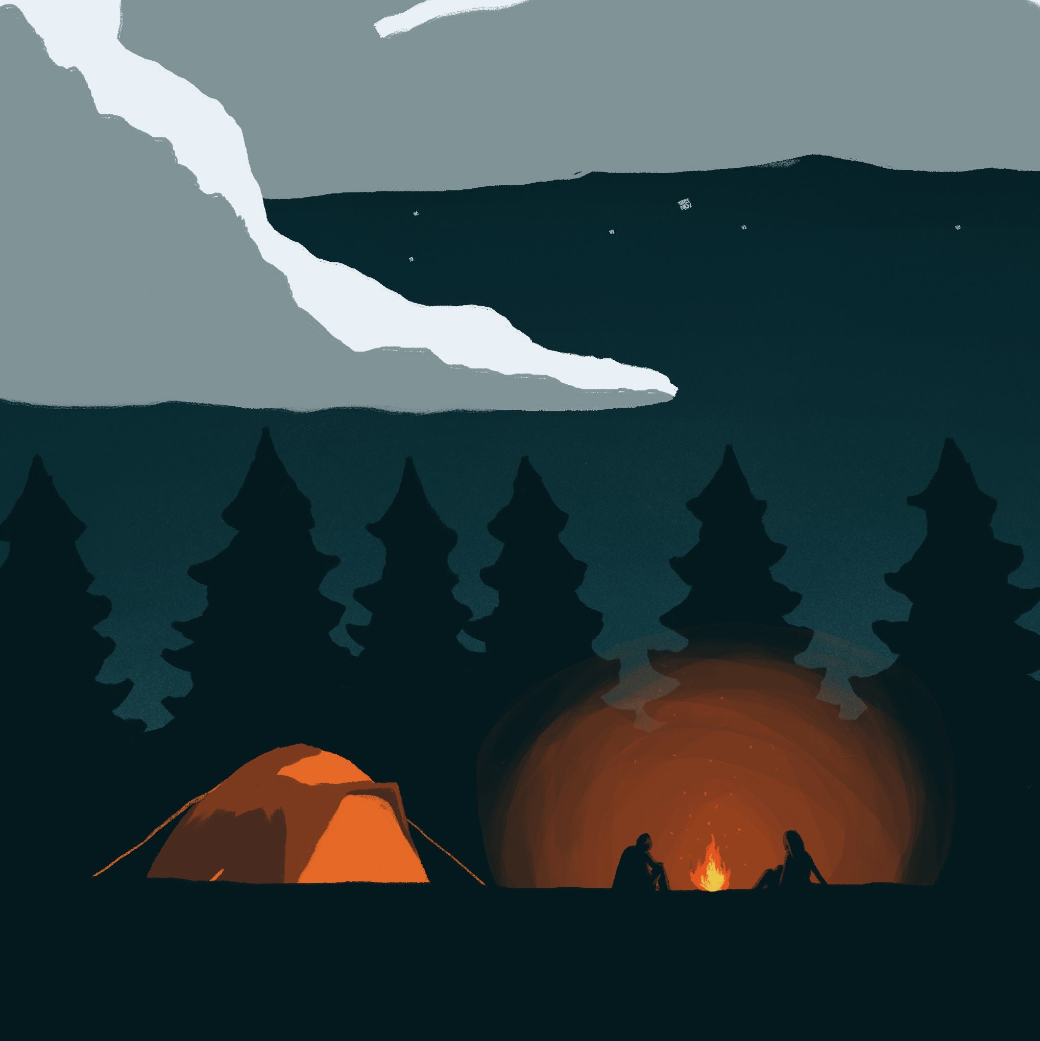 Campfire at Night Illustrated Print - Etsy UK