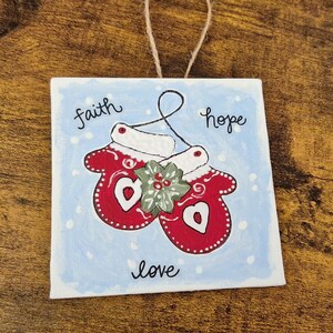 4x4 Christmas Mittens Faith Hope Love Hand Painted Canvas - Etsy