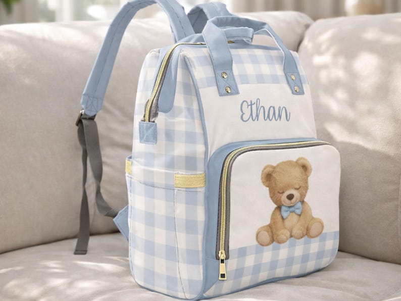 Boy Baby Bag Custom Baby Name Dusty Baby Blue Plaid Teddy Bear Diaper ...