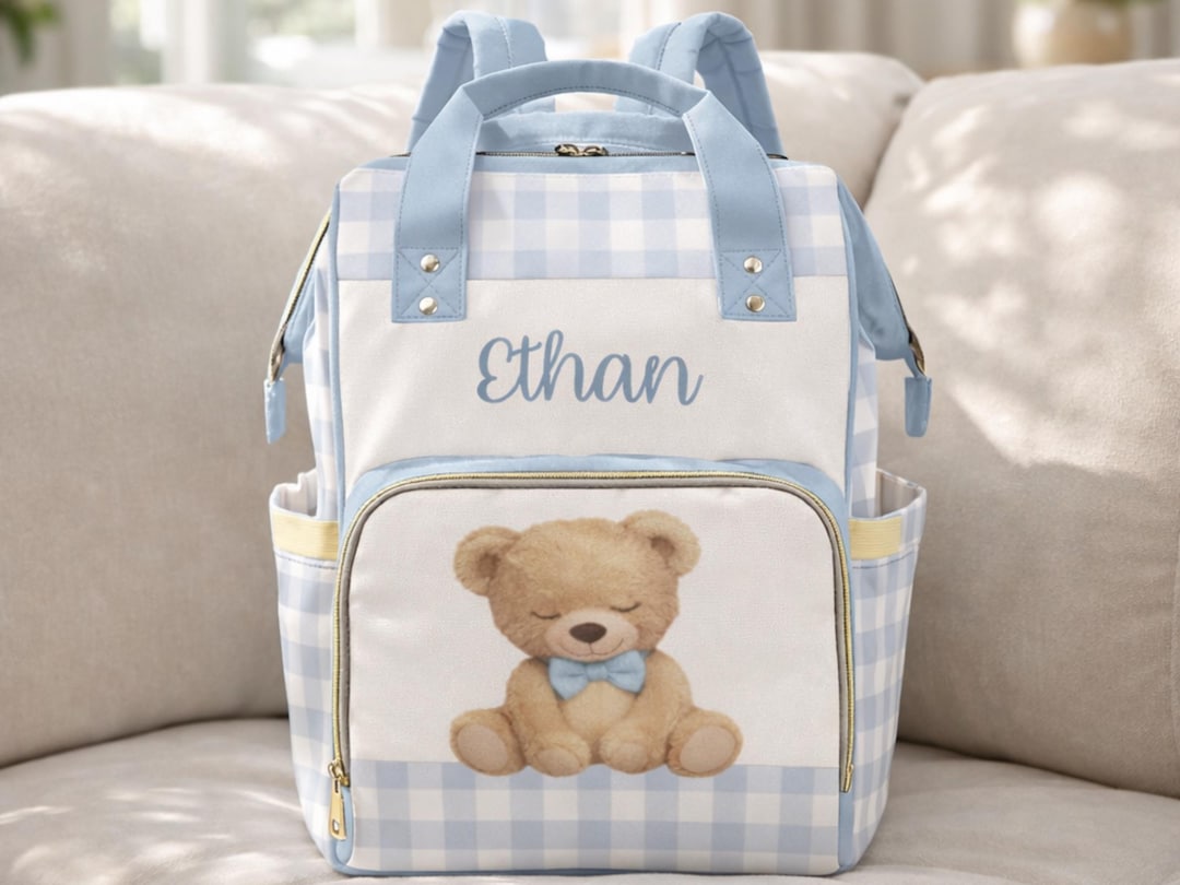 Boy Baby Bag Custom Baby Name Dusty Baby Blue Plaid Teddy Bear Diaper ...