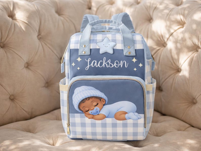 Black Baby Boy Custom Baby Name Diaper Bag Baby Shower Gift Blue Diaper ...
