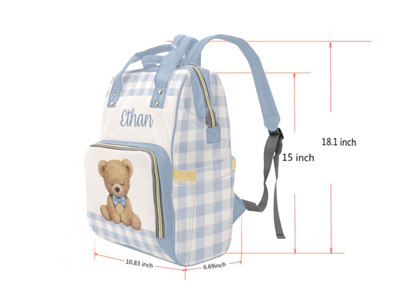 Boy Baby Bag Custom Baby Name Dusty Baby Blue Plaid Teddy Bear Diaper ...
