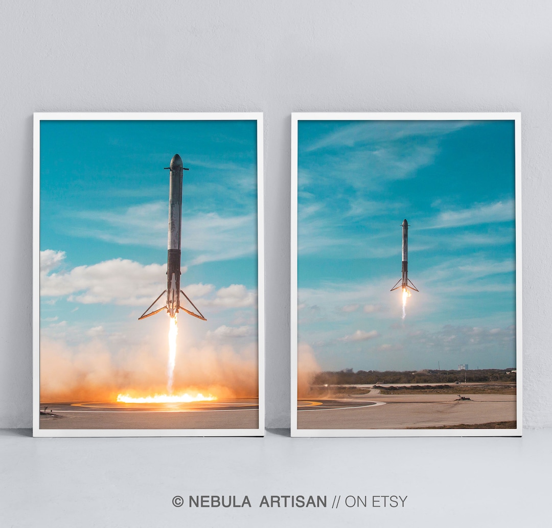 Spacex Falcon Heavy Landing, Night Earth City Light Wall Art Poster ...