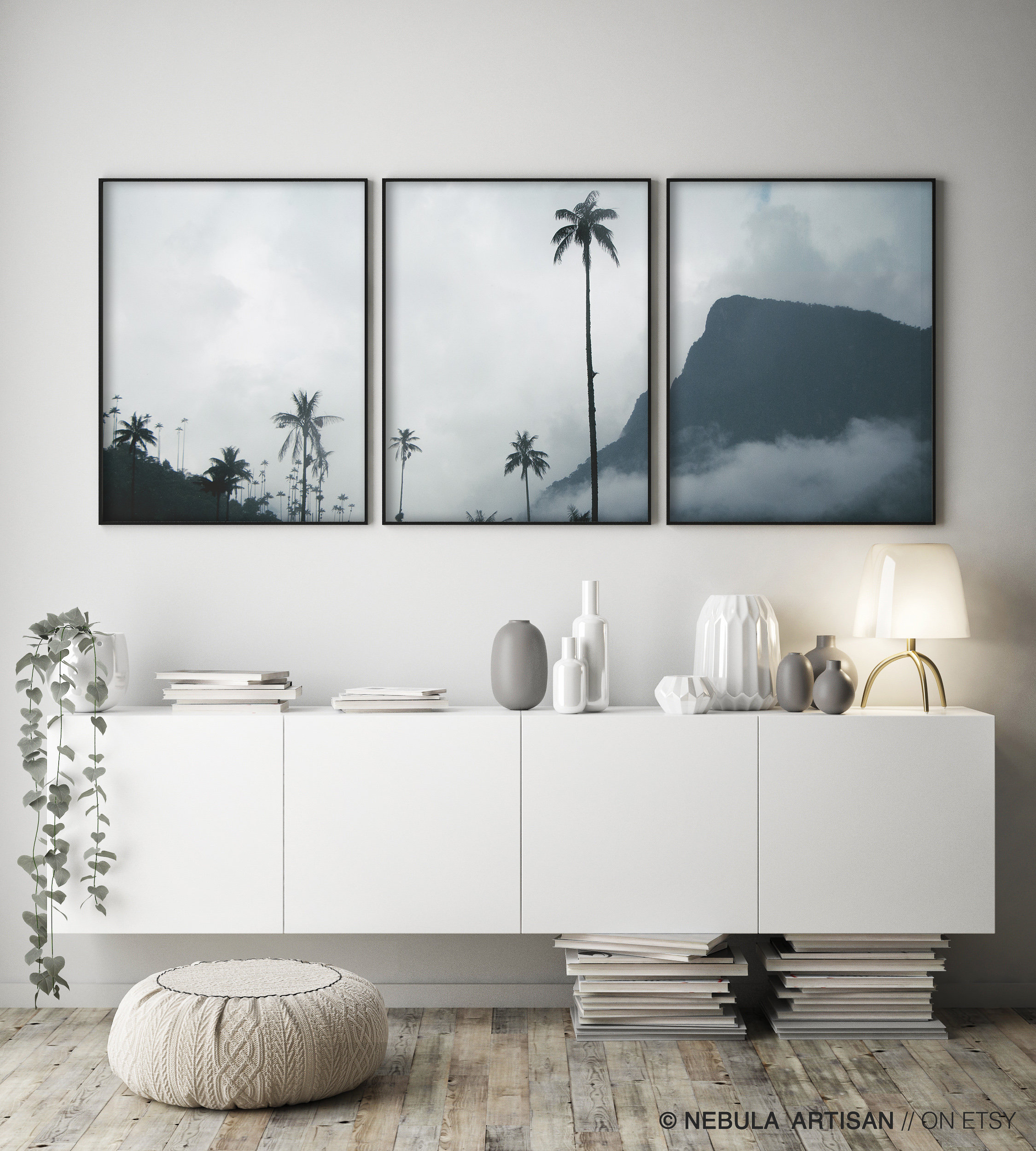 Palm Tree in Blue Fog Forest Mountain Landscape Set of 3 - Etsy