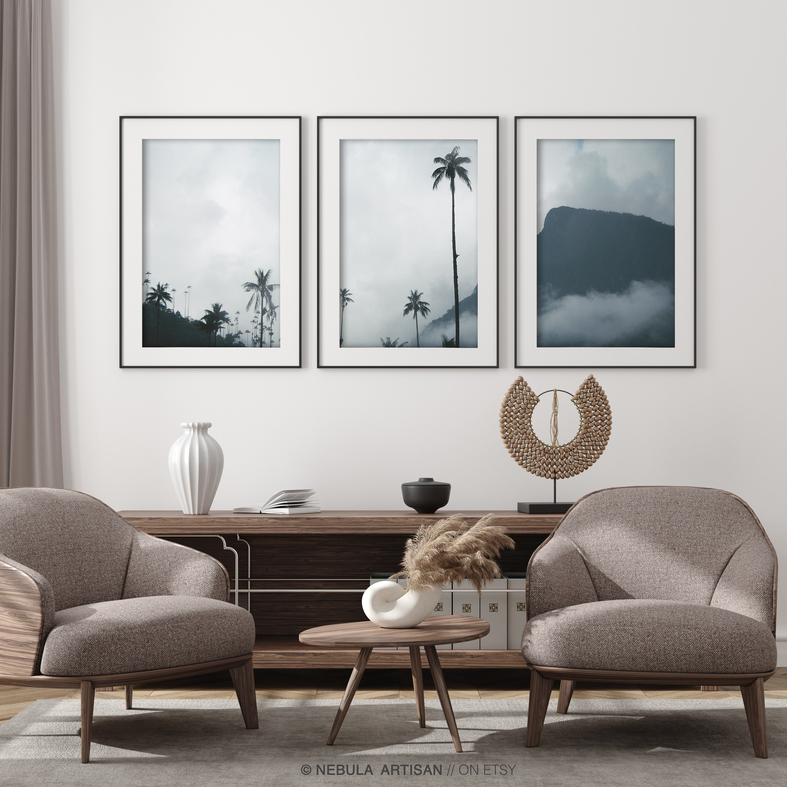 Palm Tree in Blue Fog Forest Mountain Landscape Set of 3 - Etsy