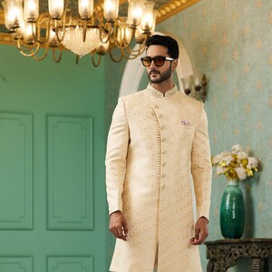 Gold Silk Groom Sherwani for Men, Indowestern Pakistani Grooms Sherwani ...