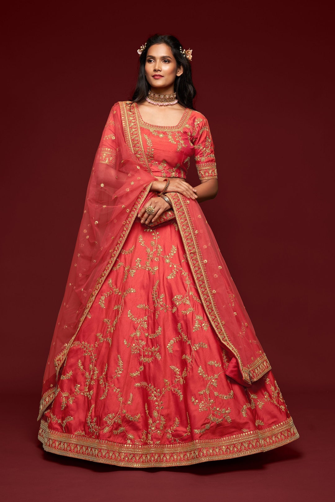 Gajari Bridal Lehenga: Embroidered Art Silk Zari Sequencework, Dupatta ...