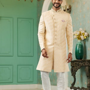 Gold Silk Groom Sherwani for Men, Indowestern Pakistani Grooms Sherwani ...