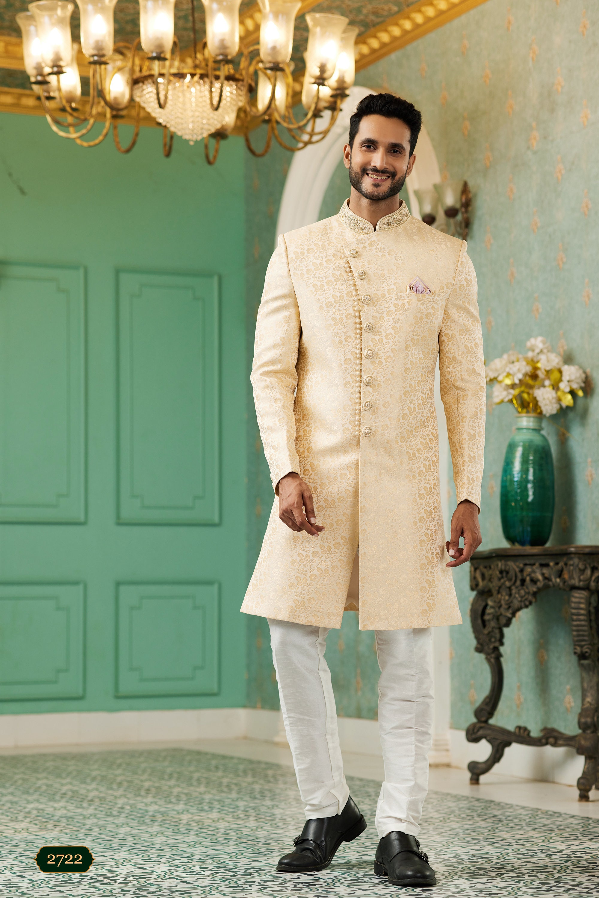 Gold Silk Groom Sherwani for Men, Indowestern Pakistani Grooms Sherwani ...