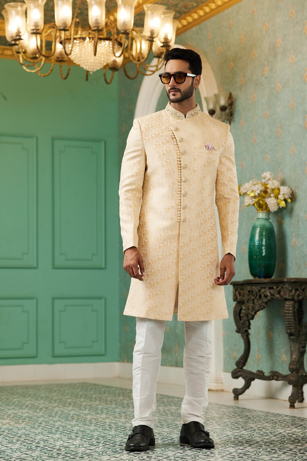 Gold Silk Groom Sherwani for Men, Indowestern Pakistani Grooms Sherwani ...